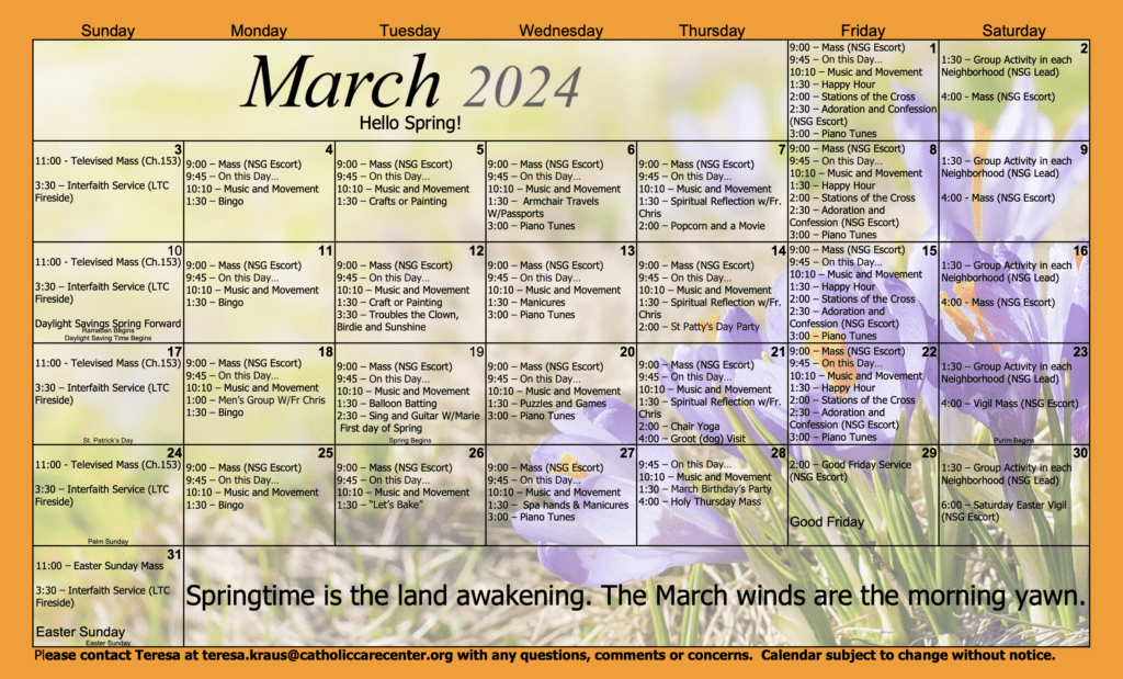 Memory Care Calendar - Catholic Care Center